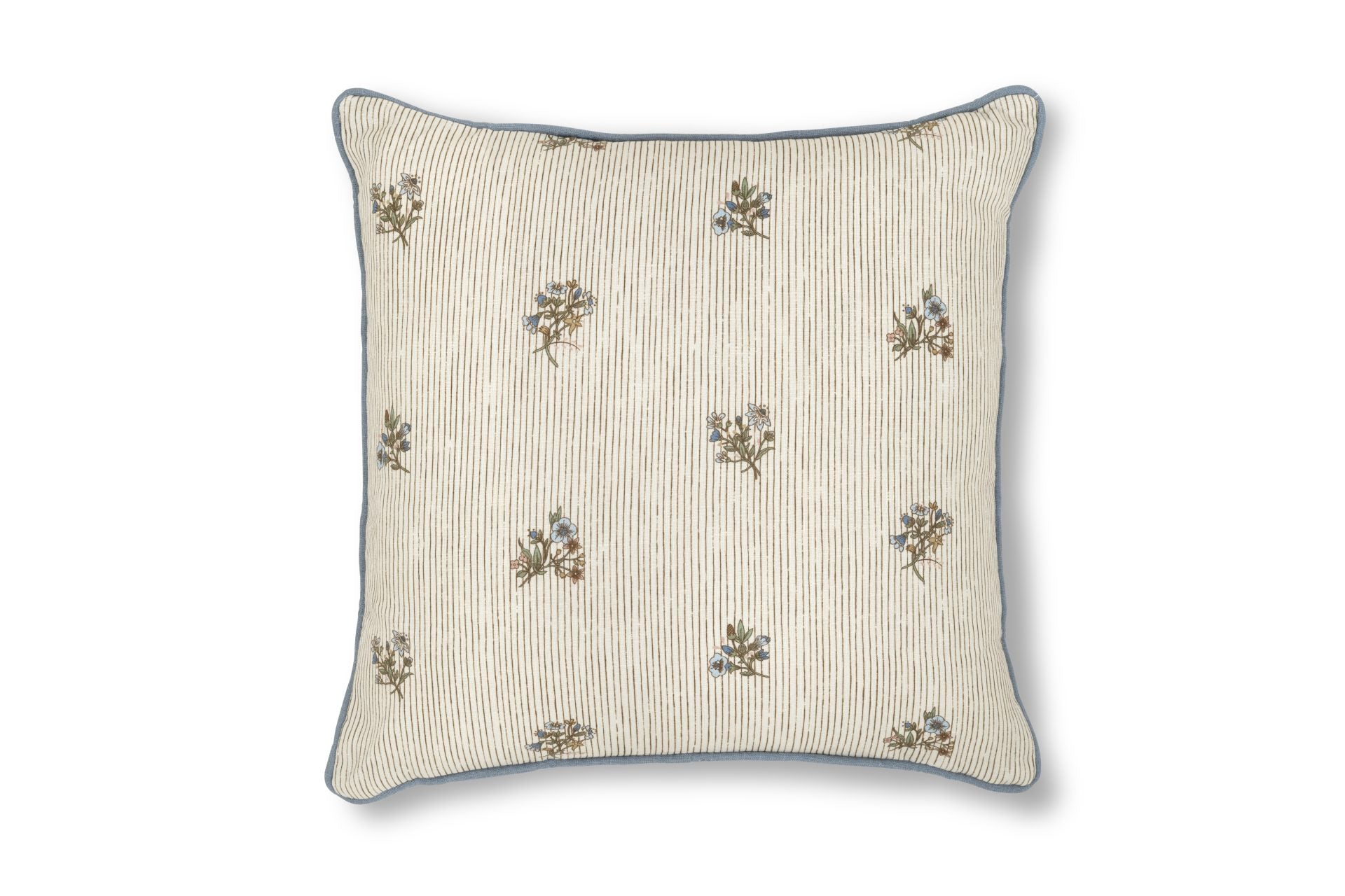 Flax & Field Posy Pinstripe Print Cushion with Chambray Blue Piping ...